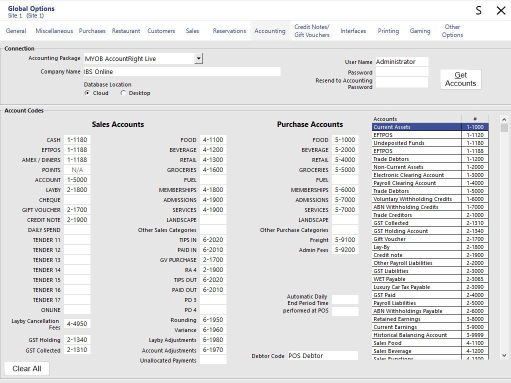 Connection Settings for Idealpos MYOB API