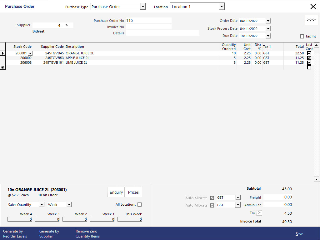 Process Stock Received - Create Purchase Orders
